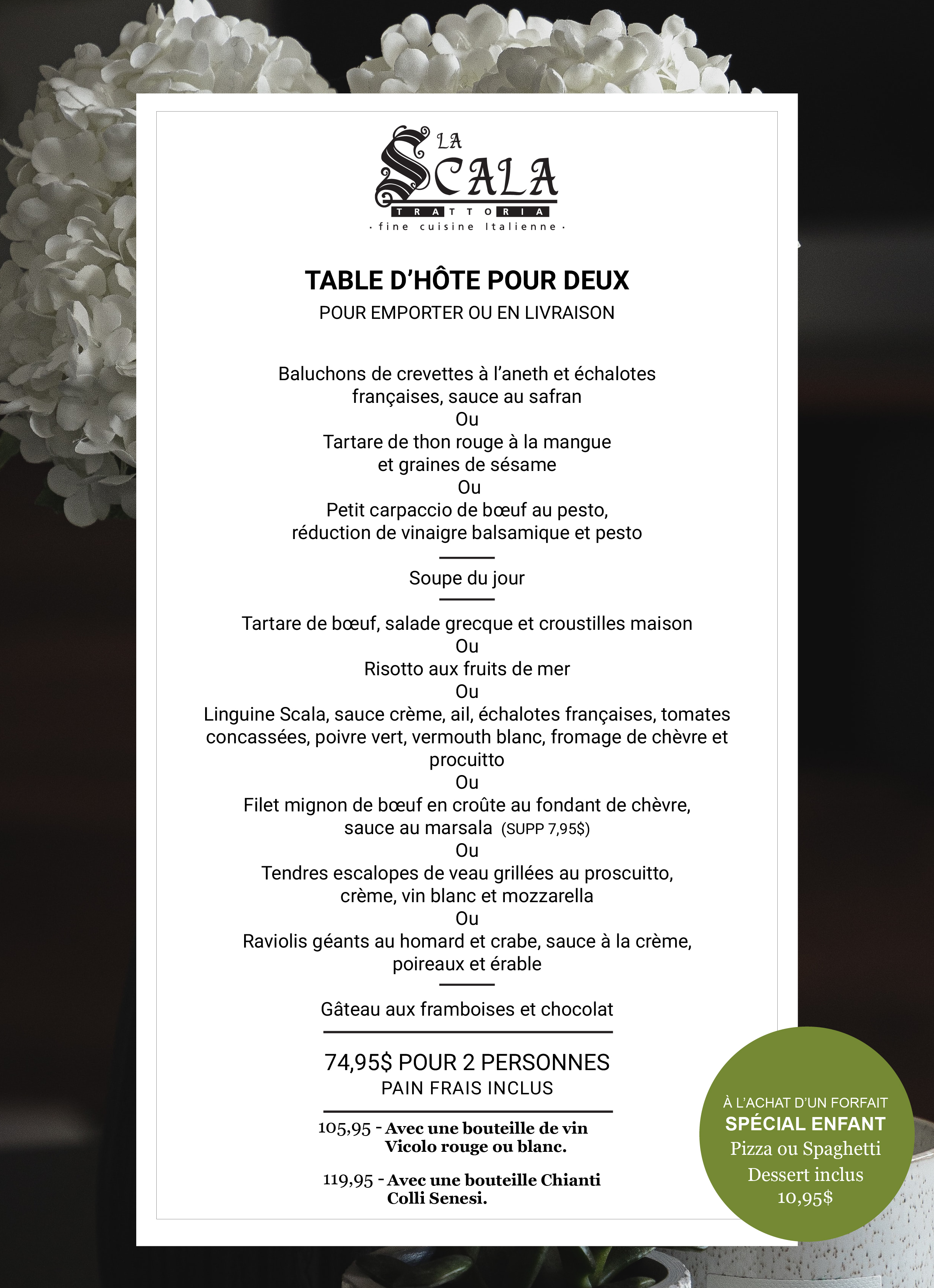 Menu La Scala 12 mai 2021 - Restaurant La Scala